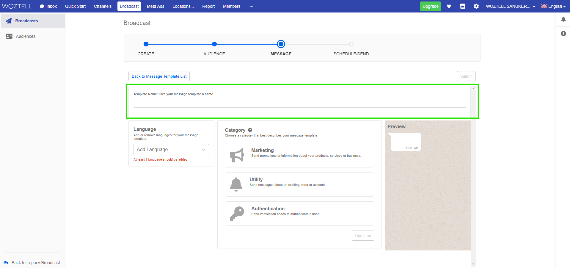 New Broadcast Panel | WOZTELL Platform Documentation