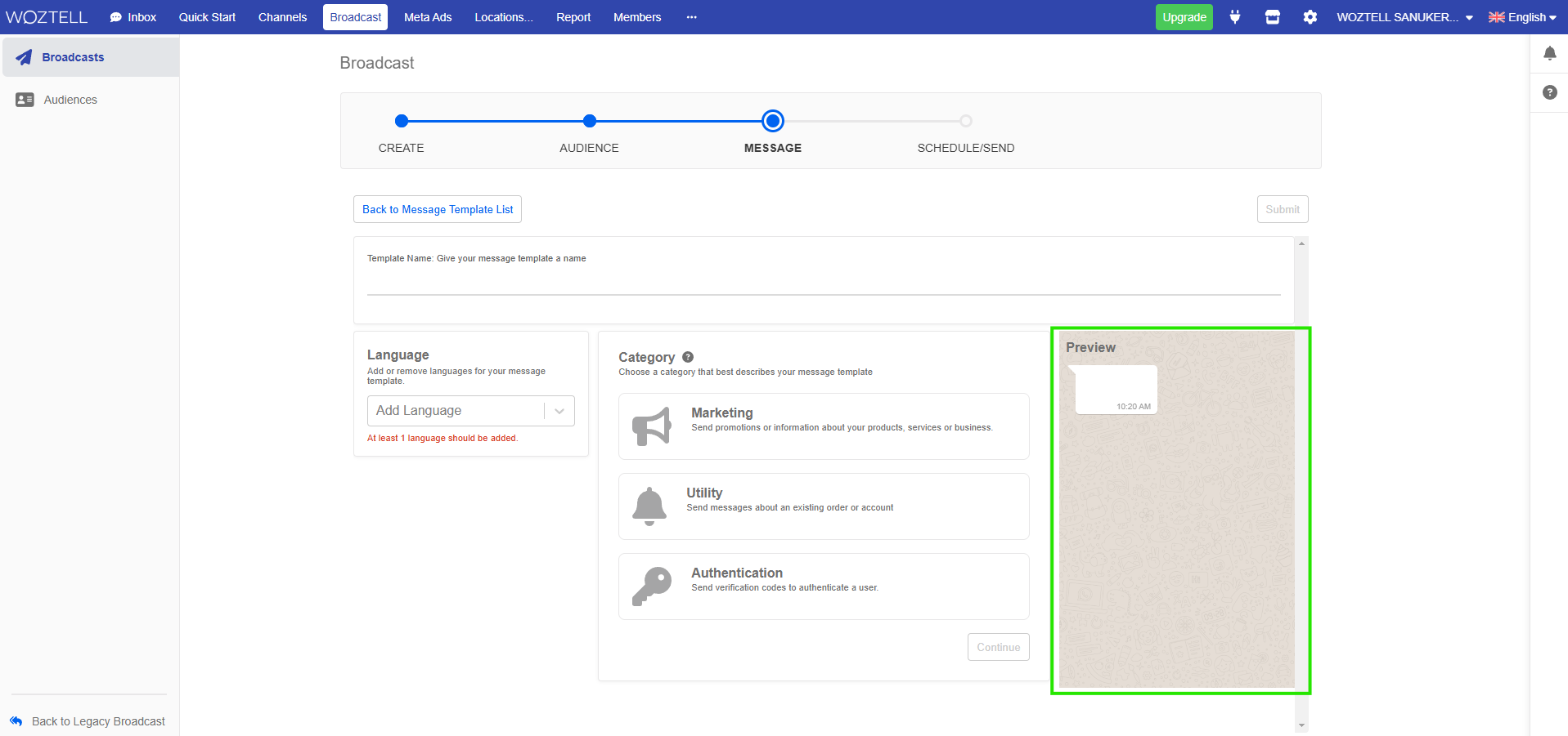 New Broadcast Panel | WOZTELL Platform Documentation
