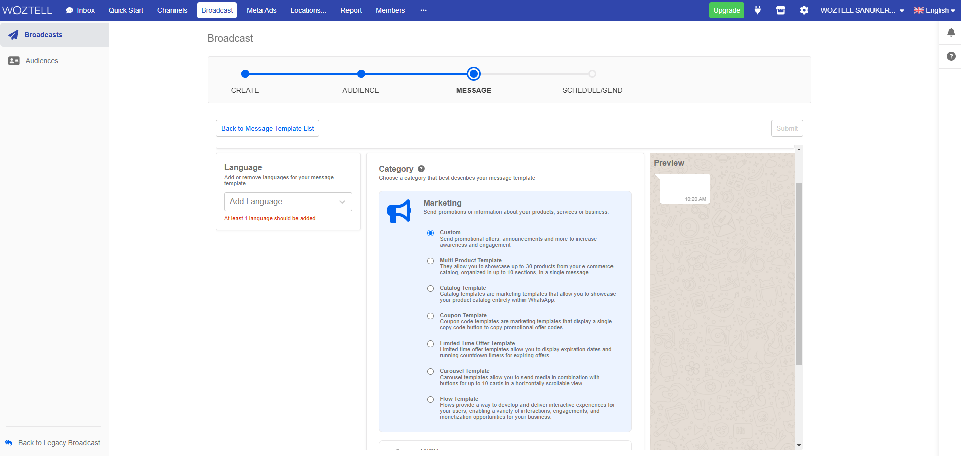 New Broadcast Panel | WOZTELL Platform Documentation
