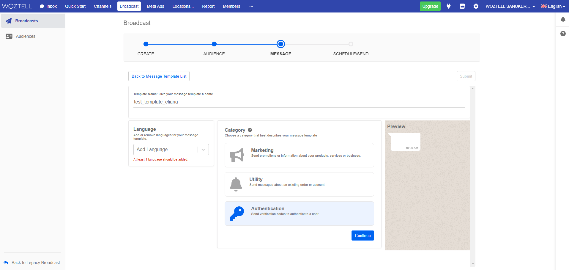 New Broadcast Panel | WOZTELL Platform Documentation