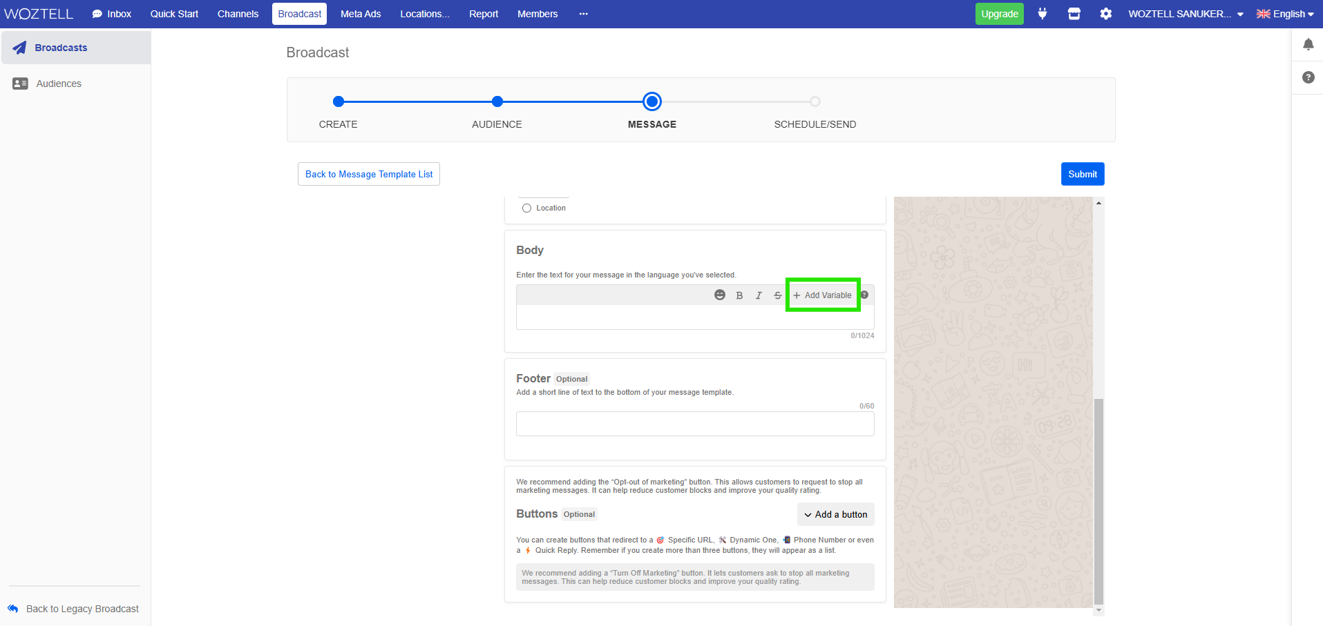 New Broadcast Panel | WOZTELL Platform Documentation