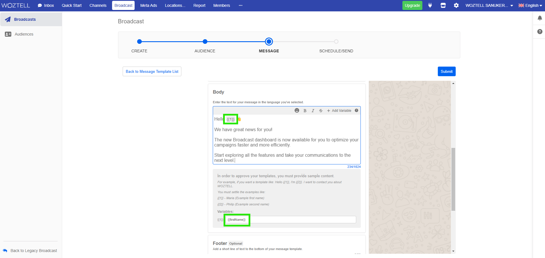 New Broadcast Panel | WOZTELL Platform Documentation