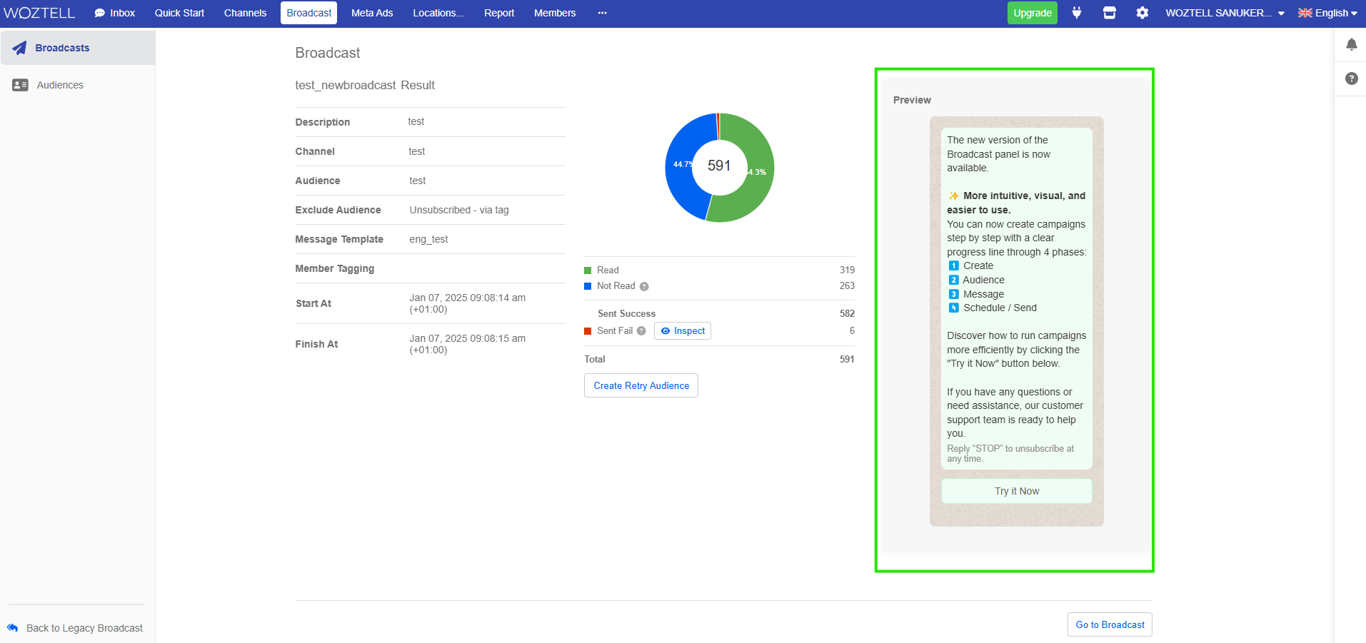 New Broadcast Panel | WOZTELL Platform Documentation